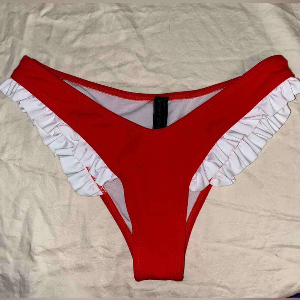 Stark Swim Red Ribbed Ruffle Bikini Bottoms - Gem